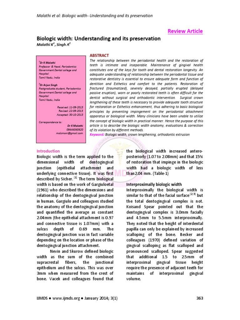 Biologic Width: Understanding and Its Preservation: Review Article ...