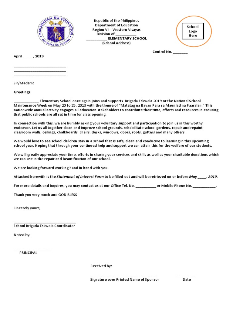 Solicitation Letter For Brigada Eskewla Sample Only Jenrap | PDF | Behavior Modification | Learning