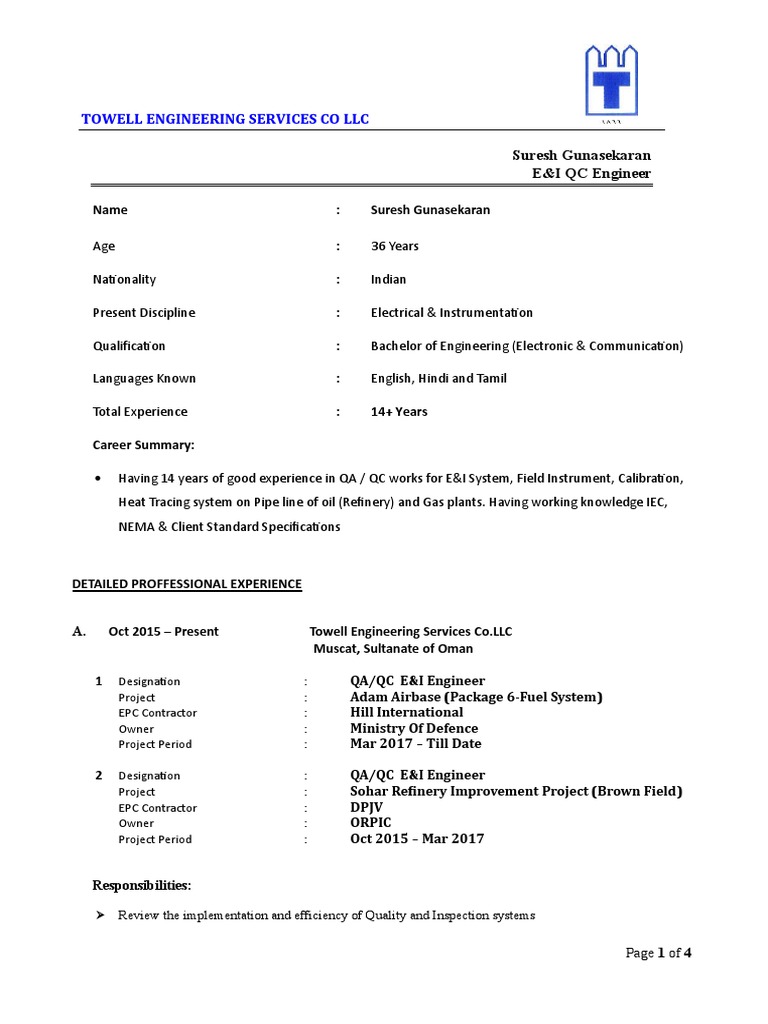 Towell Engineering Services Co LLC: Suresh Gunasekaran E&I QC Engineer ...