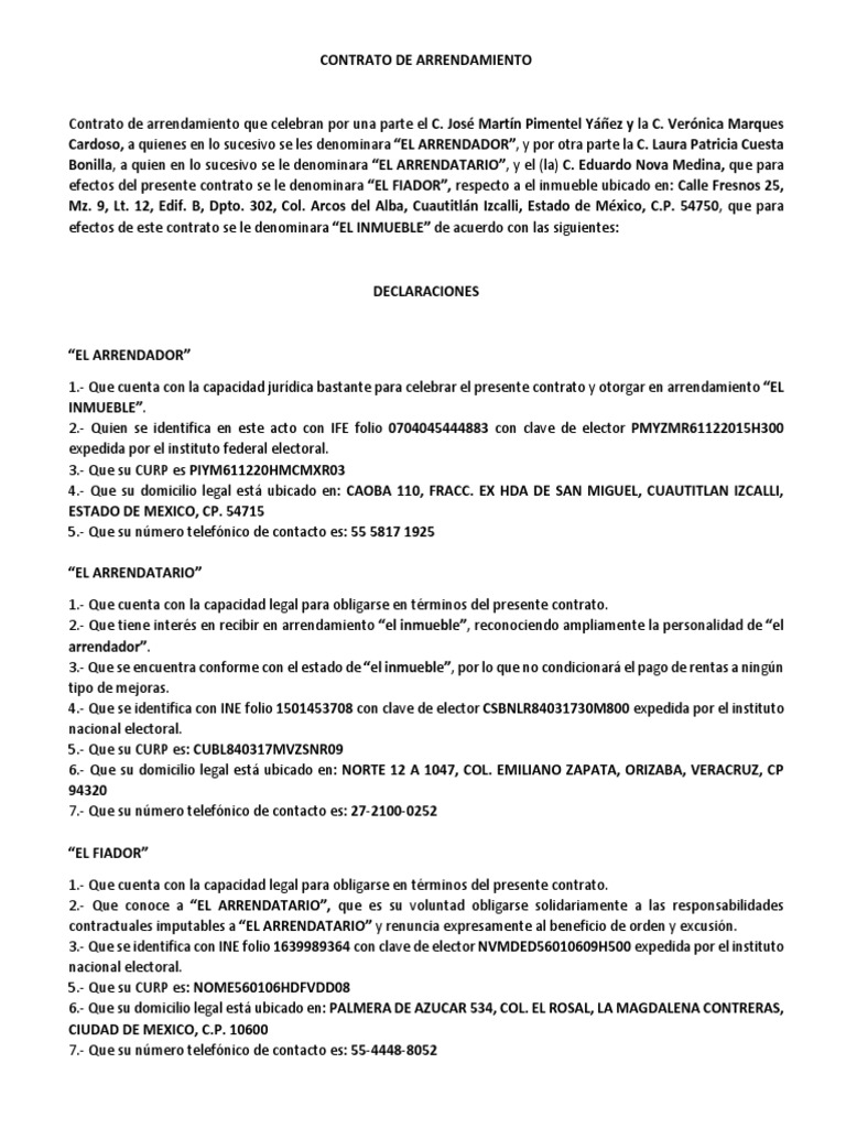 Contrato de Renta Ejemplo | Descargar gratis PDF | Alquiler | Bancos