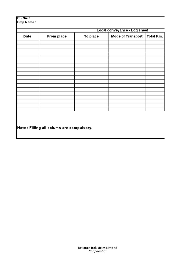 Local Conveyance - Log Sheet Date From Place To Place Mode of Transport ...