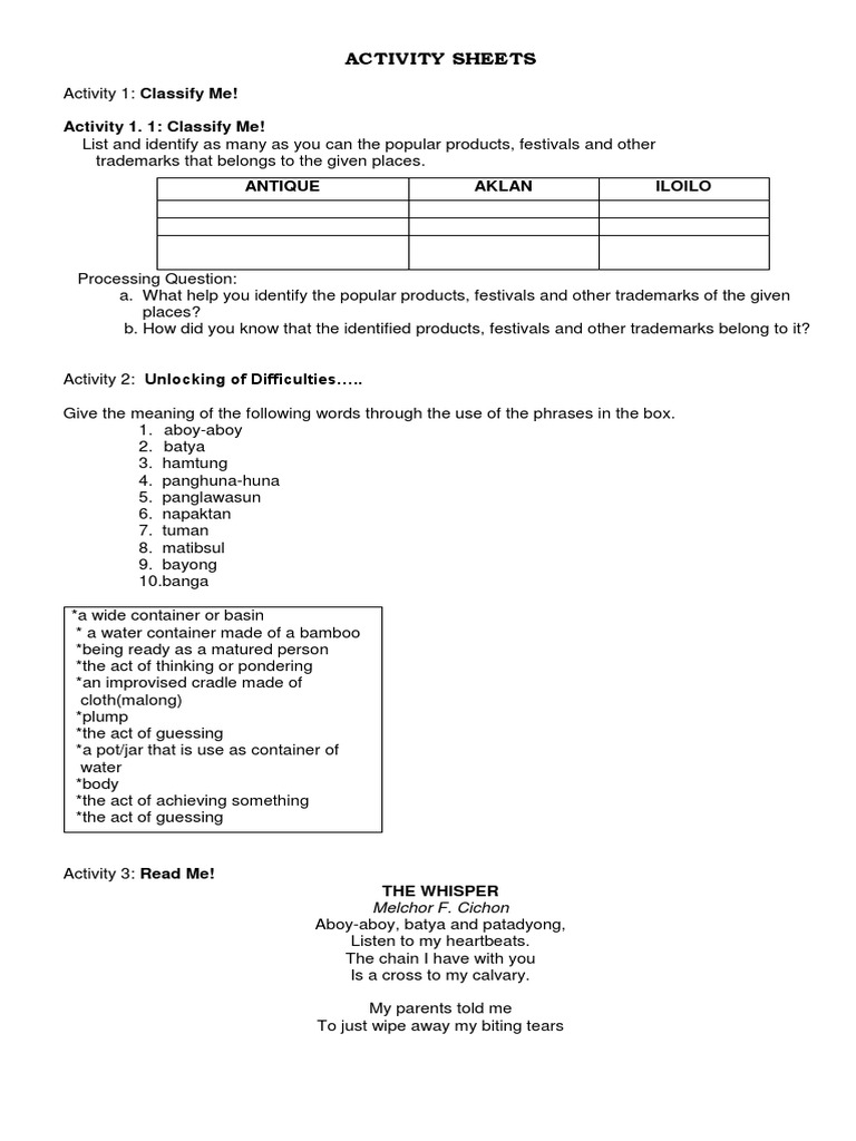 Activity Sheets | PDF | Essays | Rubric (Academic)
