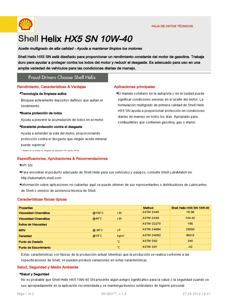 Shell Helix HX5 10W-40: Rendimiento y Protección | PDF | Gasolina ...