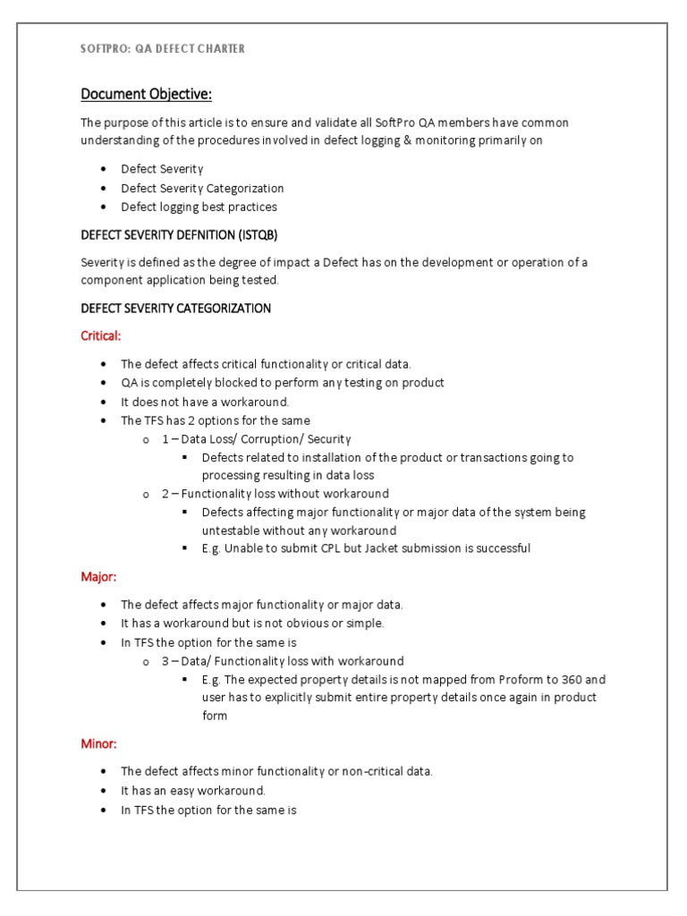 SoftPro QA Defect Charter: Guidelines for Defect Logging ...