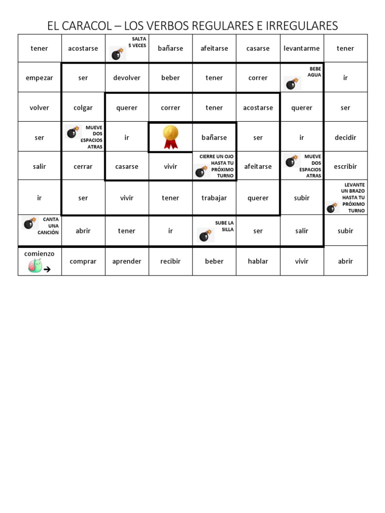Juego Caracol Verbos Regulares e Irregulares Básico | PDF | Ocio | Deportes