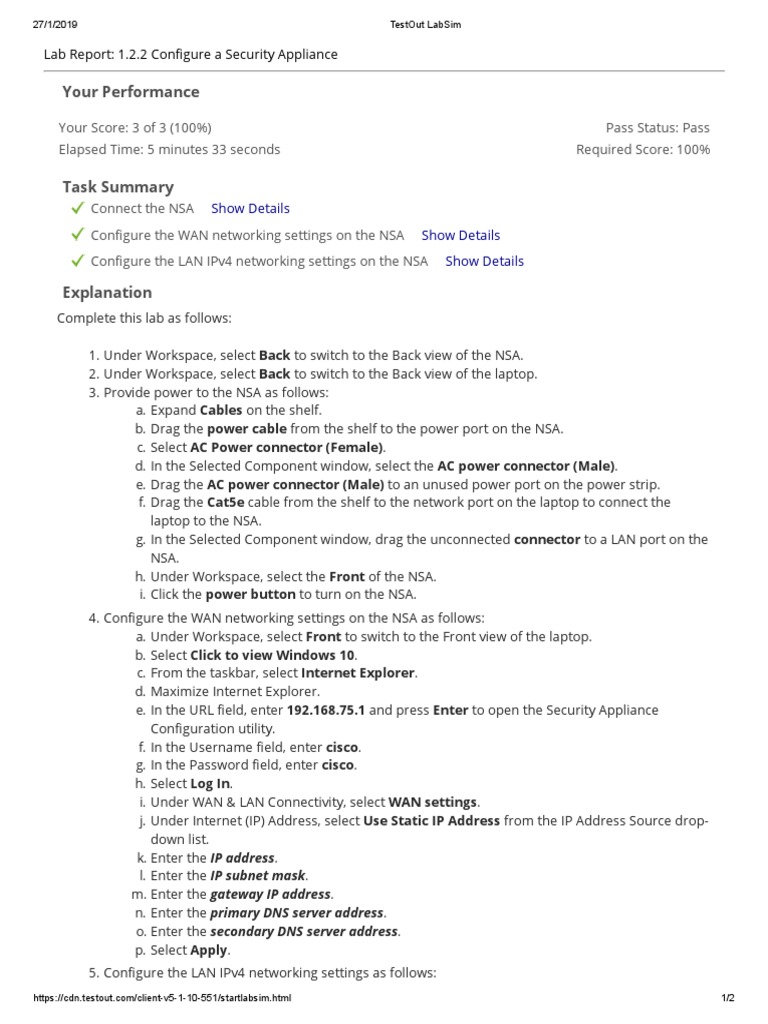 Lab 1 2 2 Configure A Security Appliance 2 Pdf Ip Address