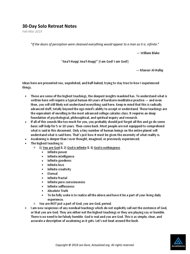 Solo Retreat Notes Feb 2019 | PDF | Consciousness | Enlightenment In ...