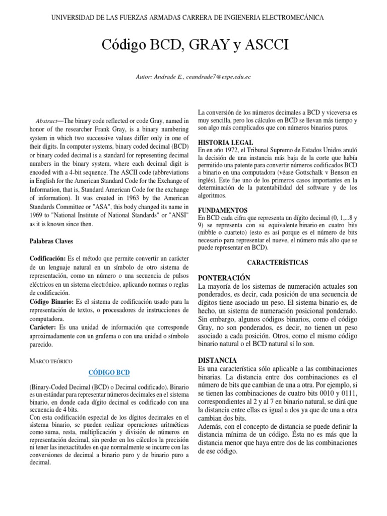 Código BCD, Gray, Ascci | PDF | Decimal codificado en binario | Ascii