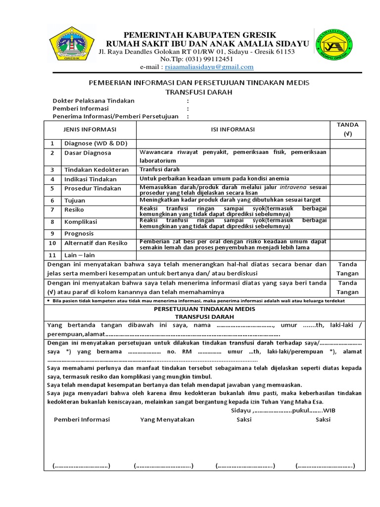 Form Persetujuan Tindakan Transfusi Darah | PDF