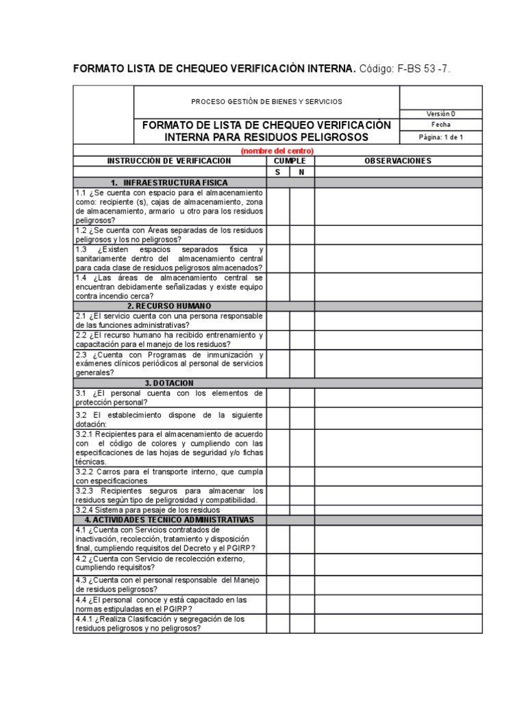 Formato Lista de Chequeo Residuos | Residuos | Impacto humano en el ...