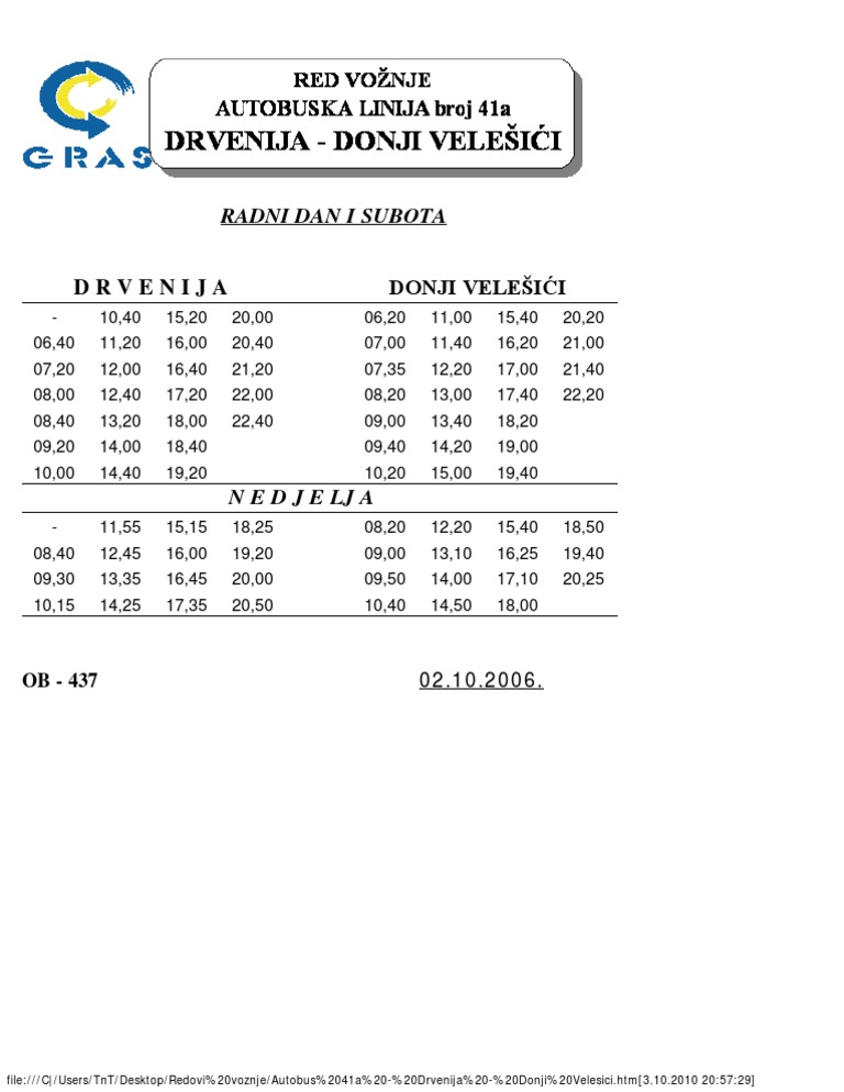 Autobus 41a - Drvenija - Donji Velesici