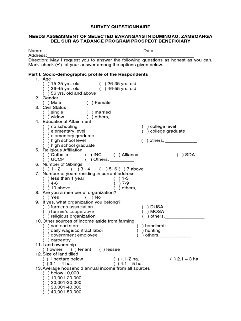 Needs Assessment Questionnaire | PDF | Literacy | Agriculture
