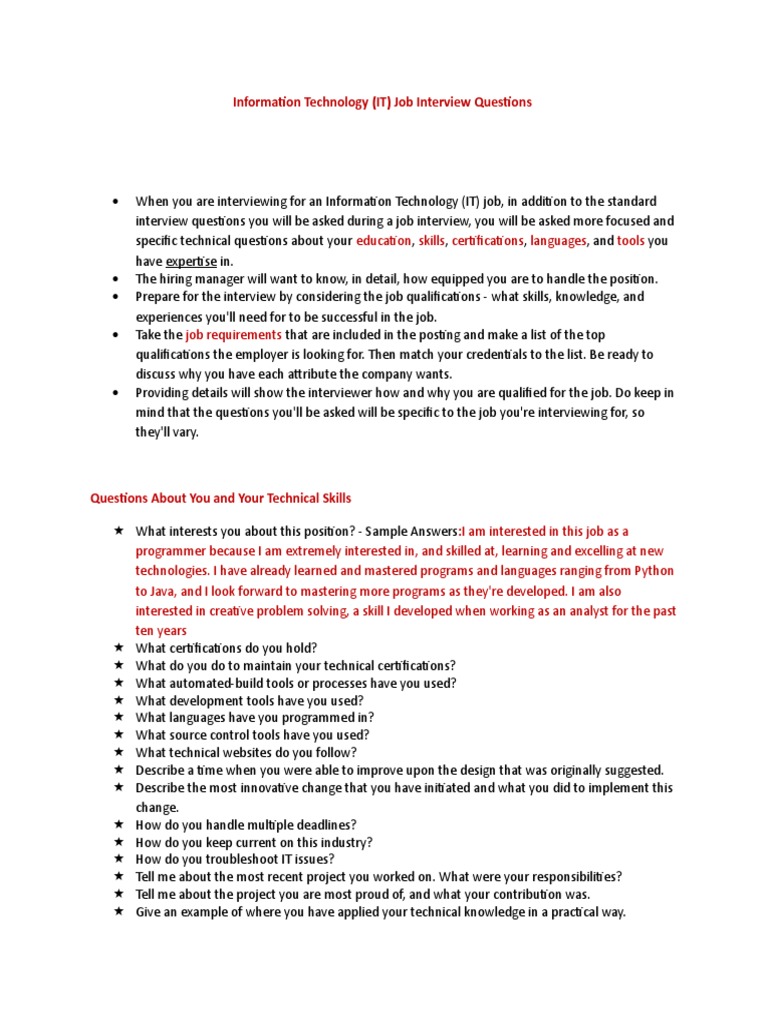 Job Interview Questions For IT | PDF | Job Interview | Interview
