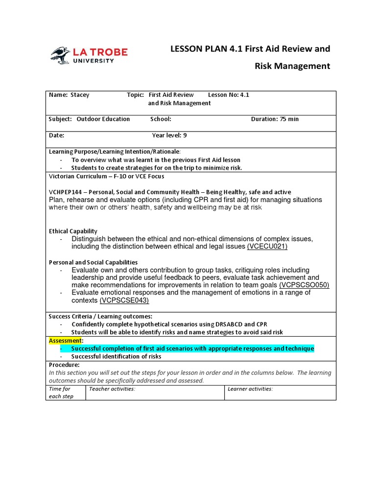Lesson Plan - First Aid and Risk | PDF | Lesson Plan | Cardiopulmonary ...