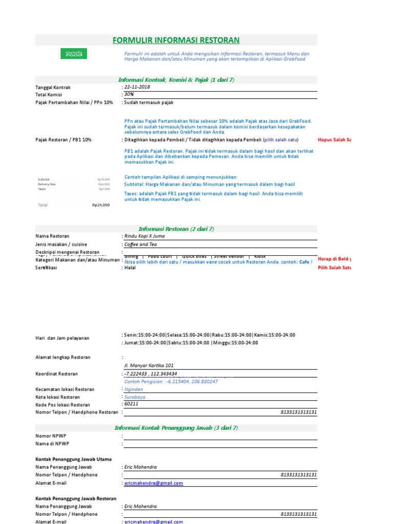 CONTOH Formulir Informasi Restoran Untuk GrabFood Dan OVO | PDF