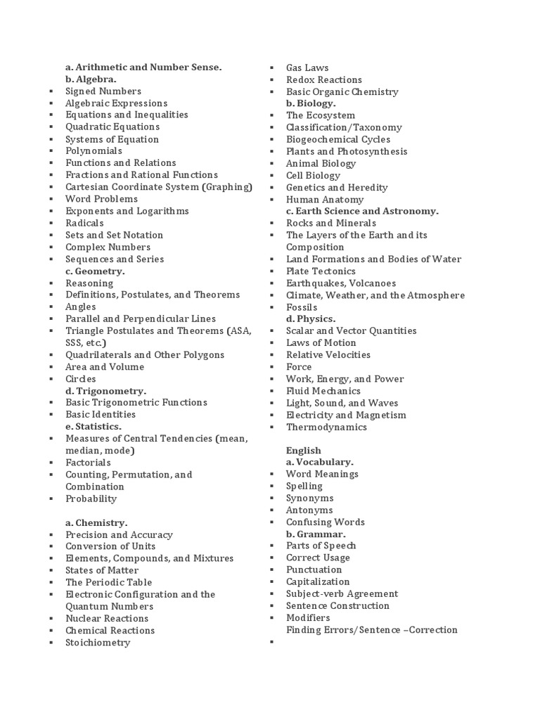 A. Arithmetic and Number Sense. B. Algebra. B. Biology | PDF ...