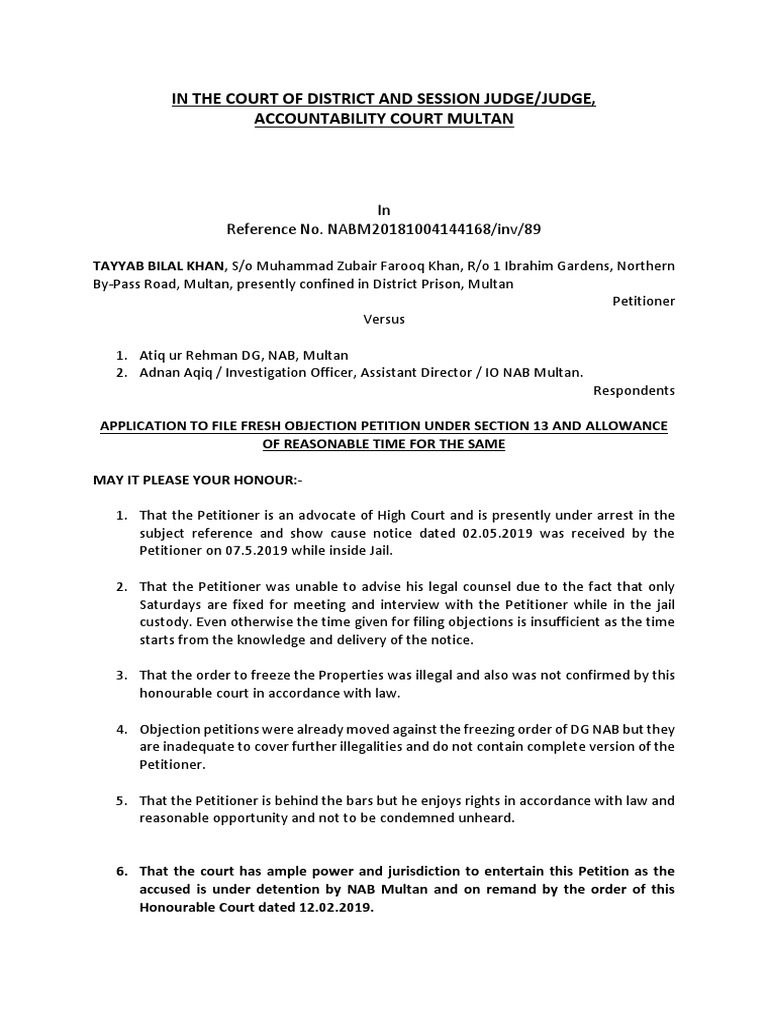 Appliction To File Objection Petition Under Section 13 | PDF ...