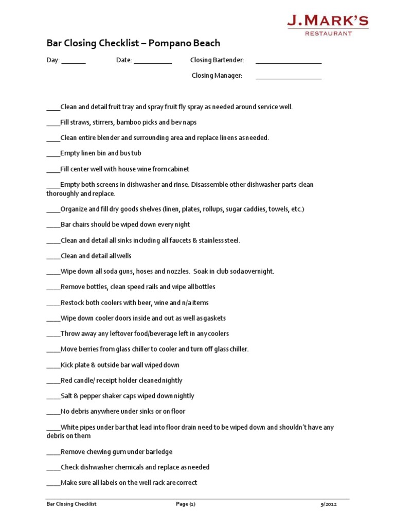 Bar Closing Checklist | PDF | Dishwasher | Sink