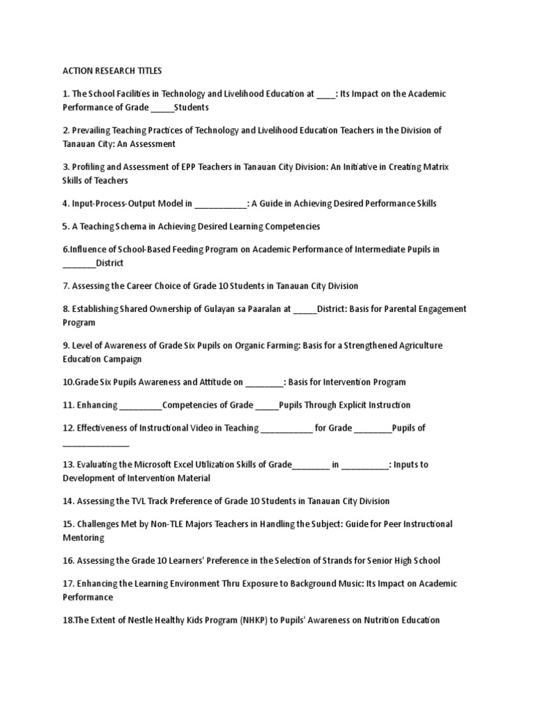 Action Research Titles for TLE Education | PDF | Educational Technology ...