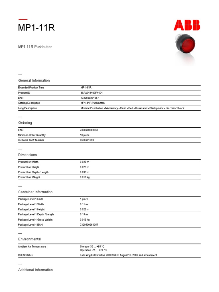 1SFA611100R1101 mp1 11r Pushbutton | PDF | Electrical Engineering | Manufactured Goods