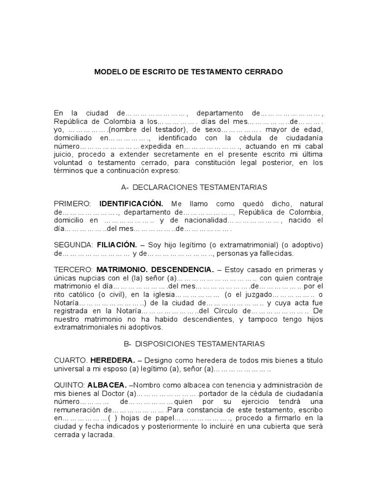 Escrito de Testamento Cerrado | PDF | Voluntad y testamento | Justicia