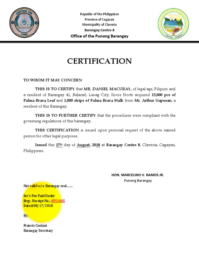Barangay Certification Travel | PDF