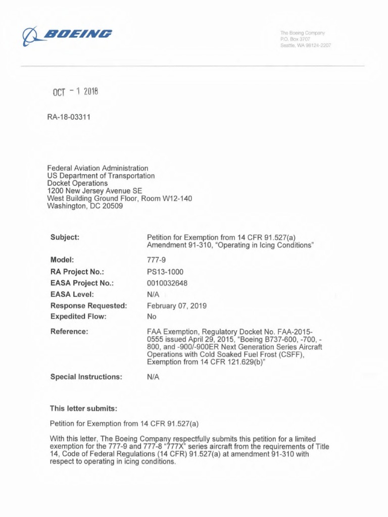 Boeing Petition for FAA Exemption 91.527 | PDF | Federal Aviation ...