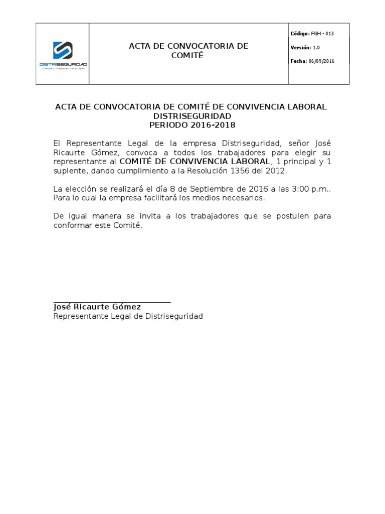 Fgh-013 Acta de Convocatoria Comite de Convivencia Laboral | PDF | Eventos políticos | Elecciones