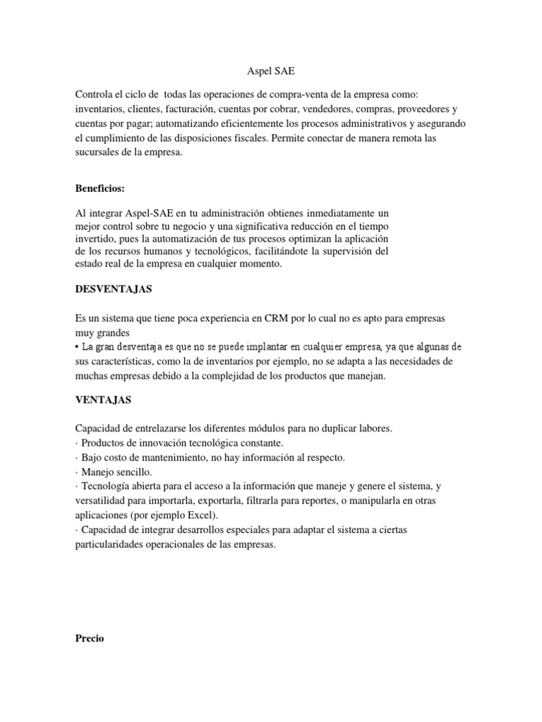 Aspel SAE: ERP para gestión empresarial | PDF
