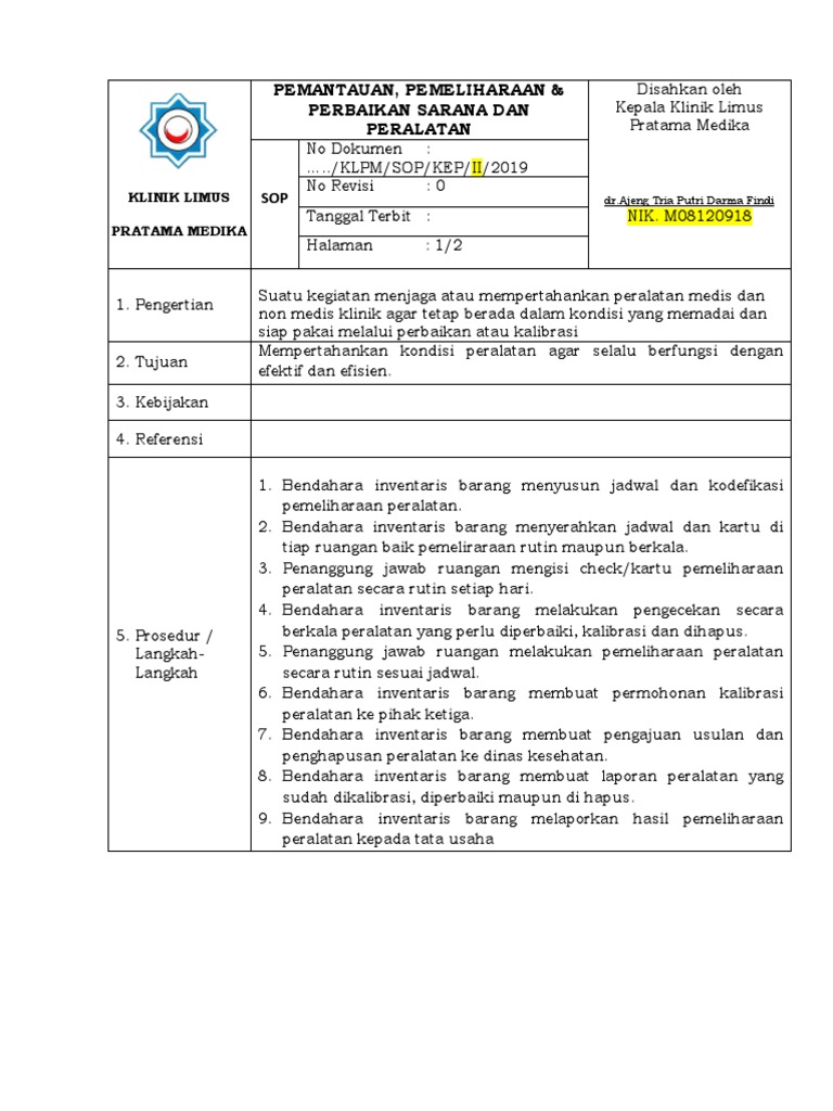 Sop Pemeliharaan Alat Inventaris Klinik (Empy) | PDF | Bisnis ...