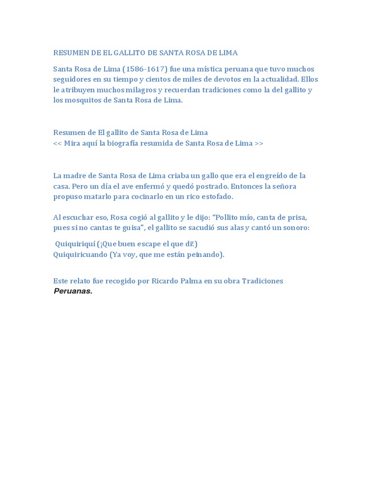 Resumen de El Gallito de Santa Rosa de Lima | PDF | Clásicos