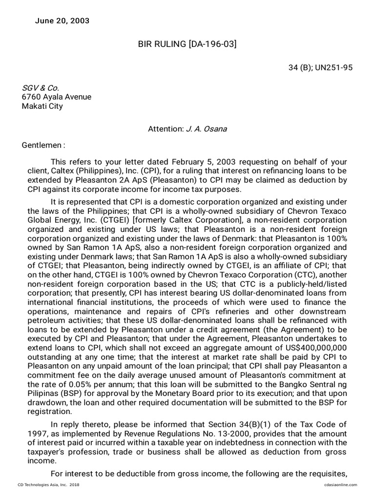 BIR Ruling on CPI Loan Interest Deduction | PDF | Tax Deduction ...
