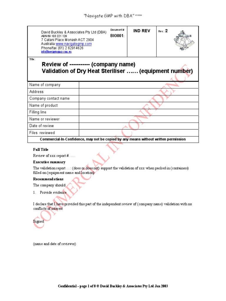 Review of - (Company Name) Validation of Dry Heat Steriliser (Equipment ... Review of - (Company Name) Validation of Dry Heat Steriliser (Equipment ...