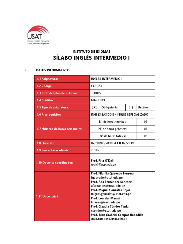 Silabo Ingles Intermedio 1 - 2019 - I | PDF | Comprensión lectora | Aprendizaje