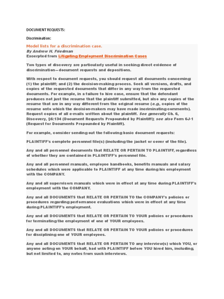 Document Requests: Discrimination:: Model Lists For A Discrimination ...