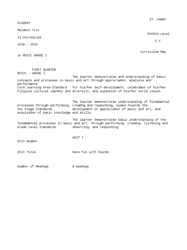 Music Curriculum Map Grade 1 | PDF | Curriculum | Pitch (Music)