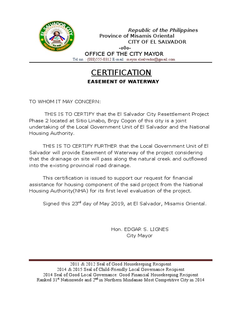 El Salvador City Waterway Easement Certification | PDF