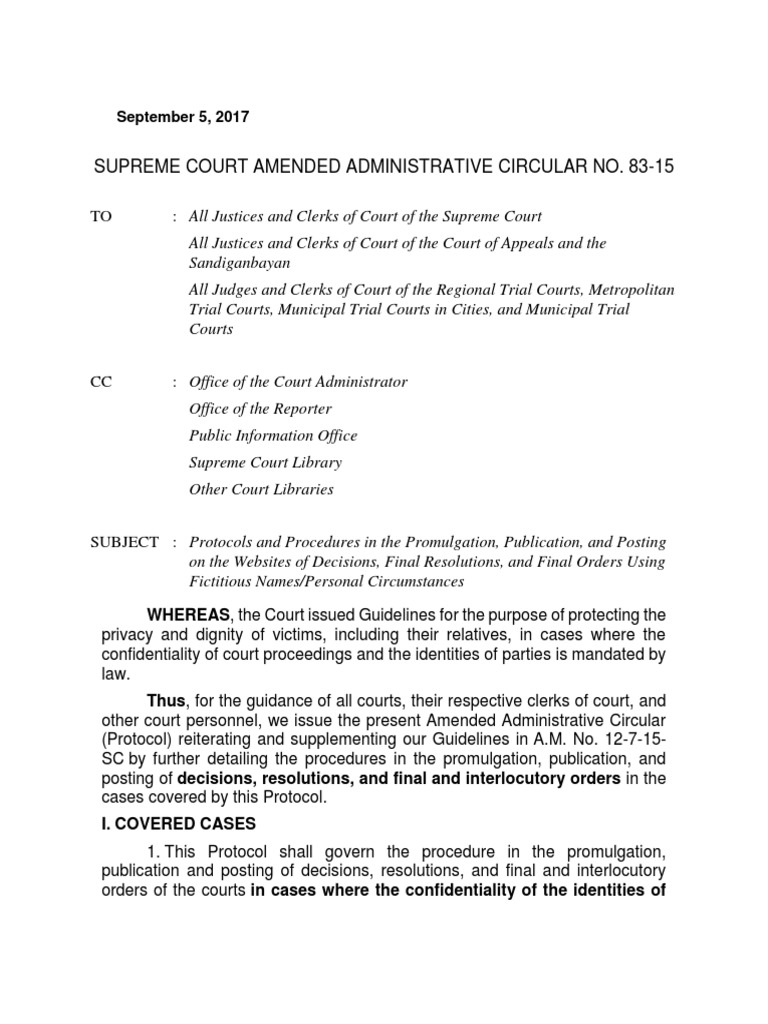Supreme Court Amended Administrative Circular No. 83-15 | Law Clerk | Judgment (Law) | Free 30 ...