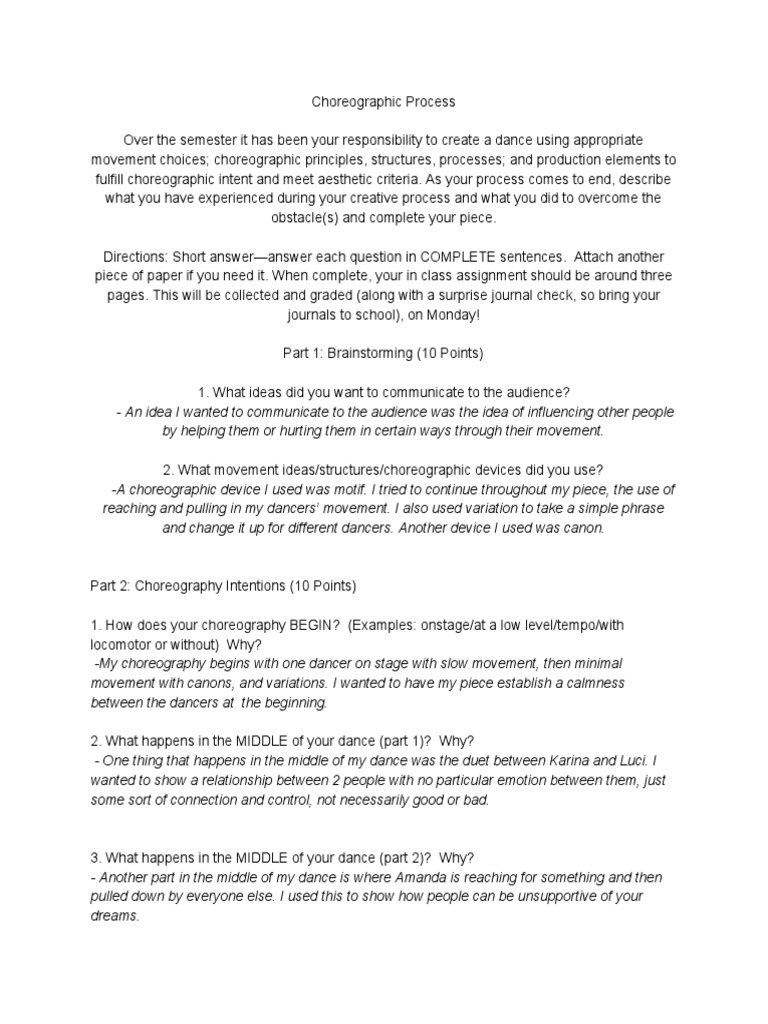Choreography Process Reflection | PDF | Dances | Psychology