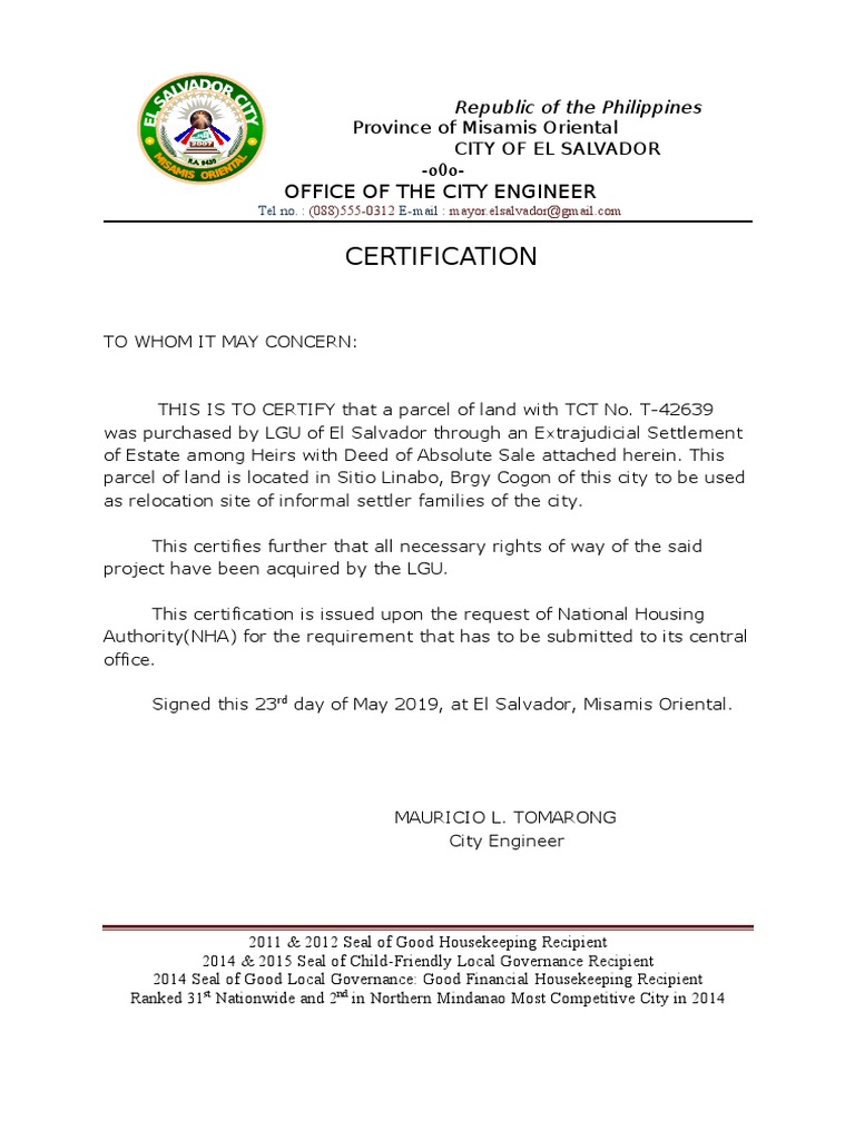 Certificate of Land Purchase and Rights of Way Acquisition for a ...