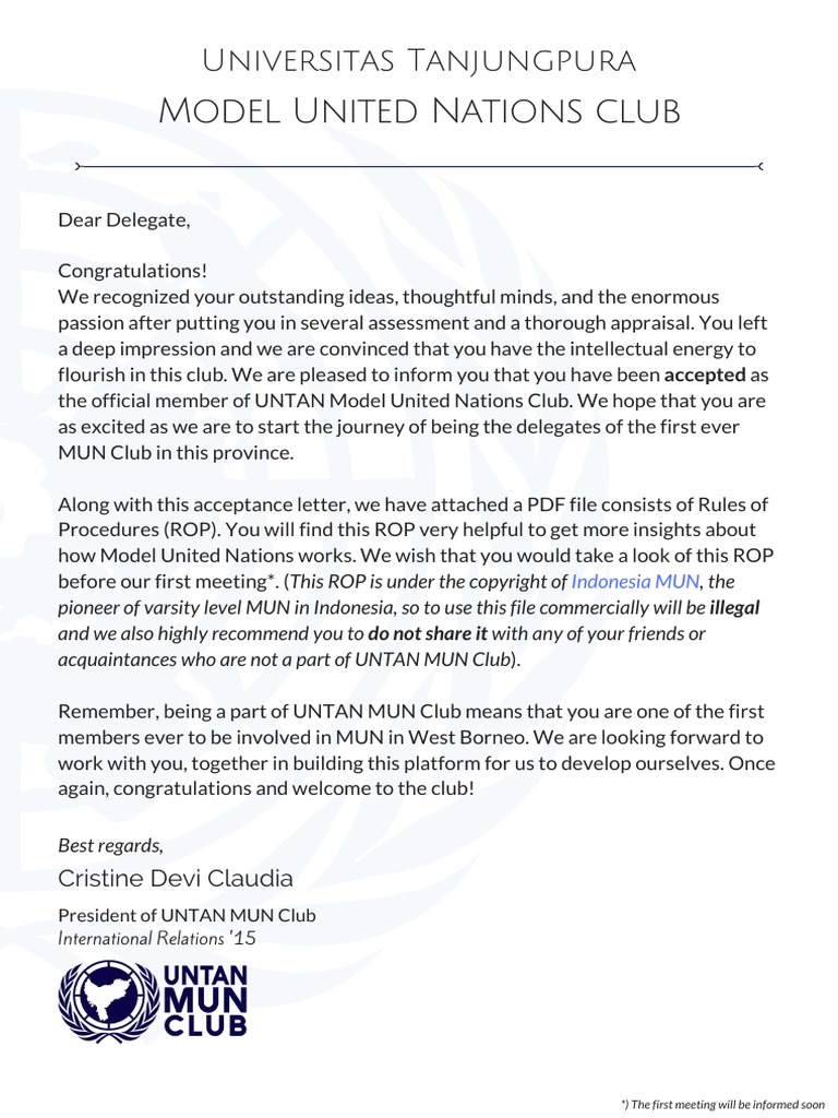 UNTAN MUN Club Acceptance Letter | PDF