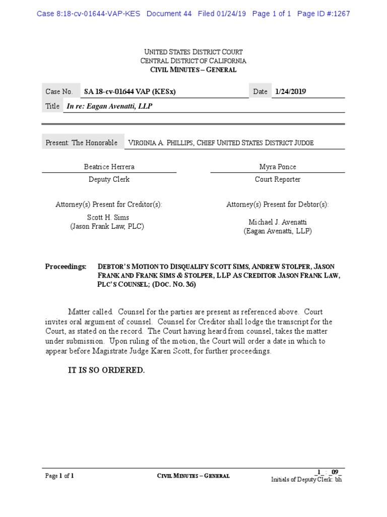 Case 8:18-cv-01644-VAP-KES Document 44 Filed 01/24/19 Page 1 of 1 Page ...