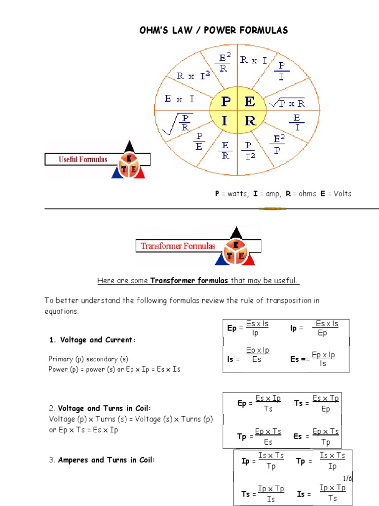 Ohm'S Law / Power Formulas: P Watts, I Amp, R Ohms E Volts | PDF ...