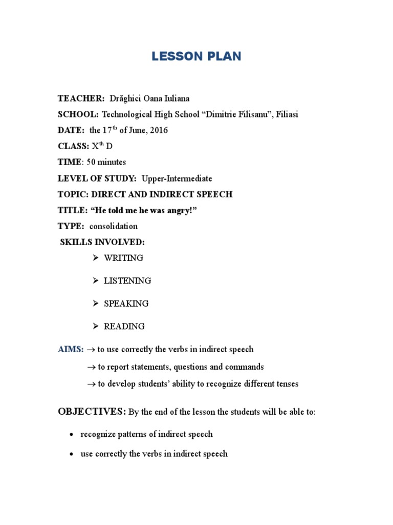 XD Indirect Speech Bun | PDF | Lesson Plan | Teachers