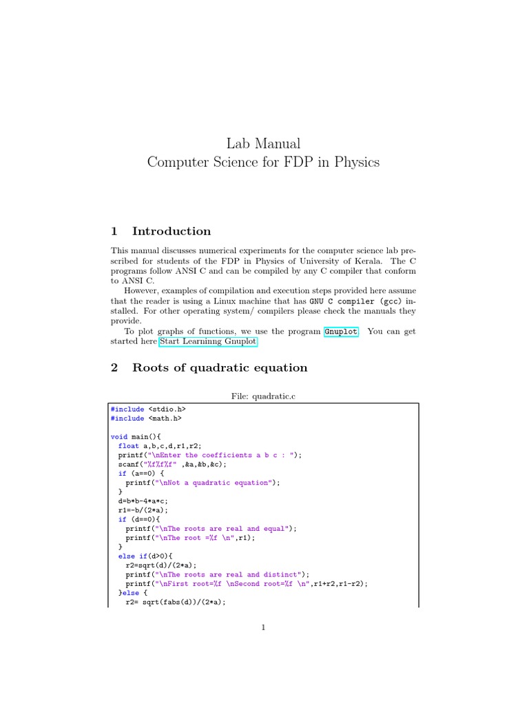 Lab Manual Computer Science For FDP in Physics: #Include #Include | PDF ...