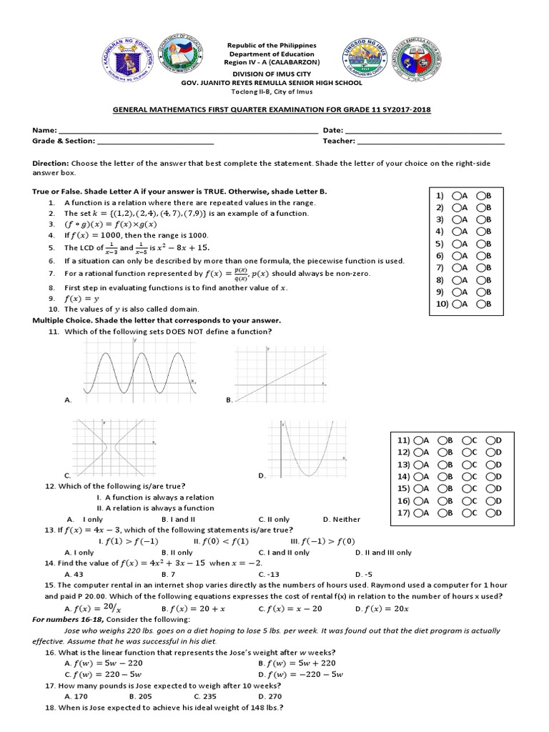 Genmath 1q Exam | PDF | Asymptote | Function (Mathematics)