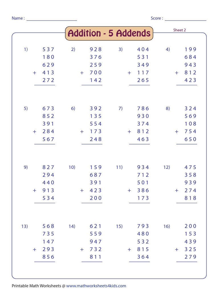 3-Digit Addition Worksheets for Grade 1 | PDF