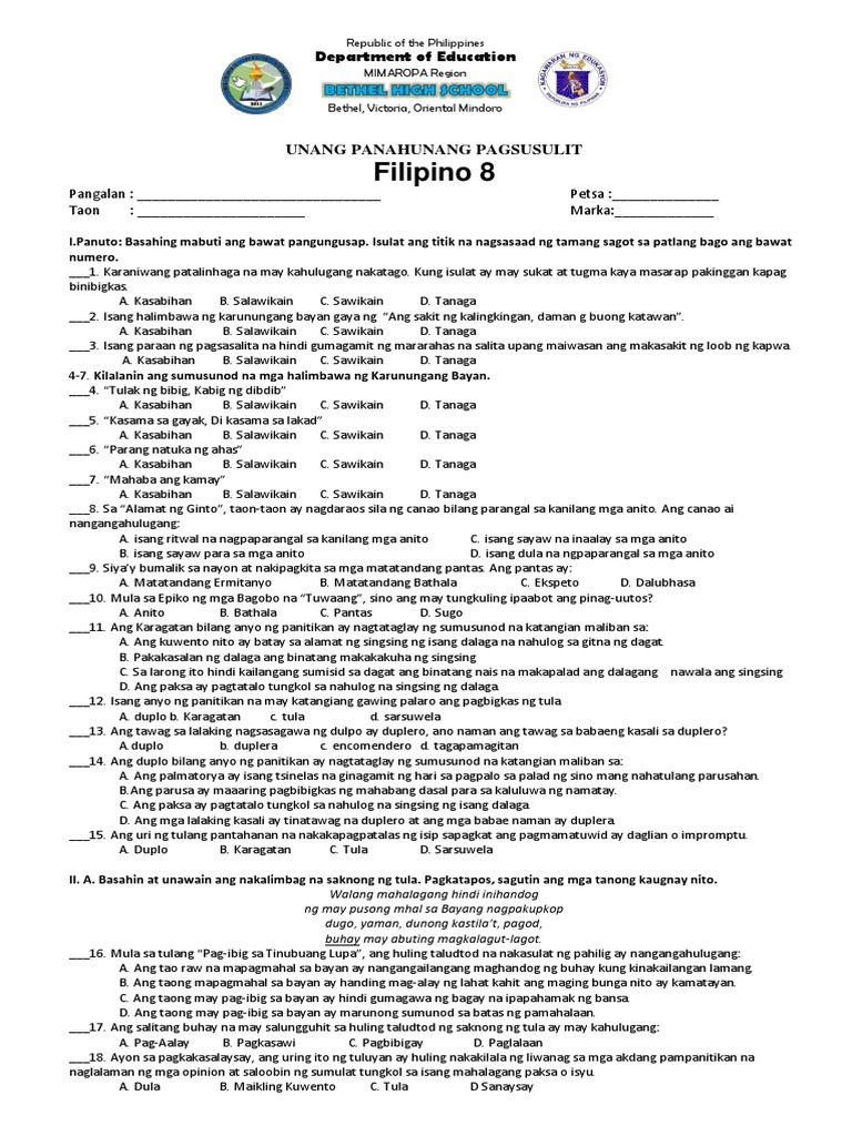 Periodical Test-Filipino 8-1st Grading | PDF