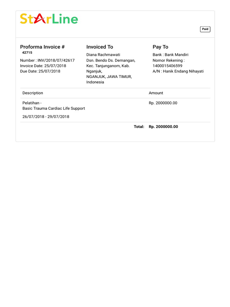 Proforma Invoice # Invoiced To Pay To: Total: Rp. 2000000.00 | PDF