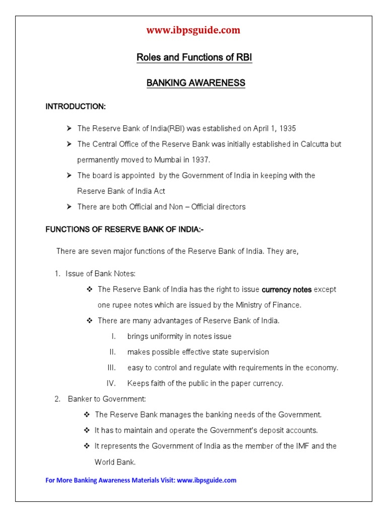 Functions and Roles of Rbi | PDF | Reserve Bank Of India | Central Banks